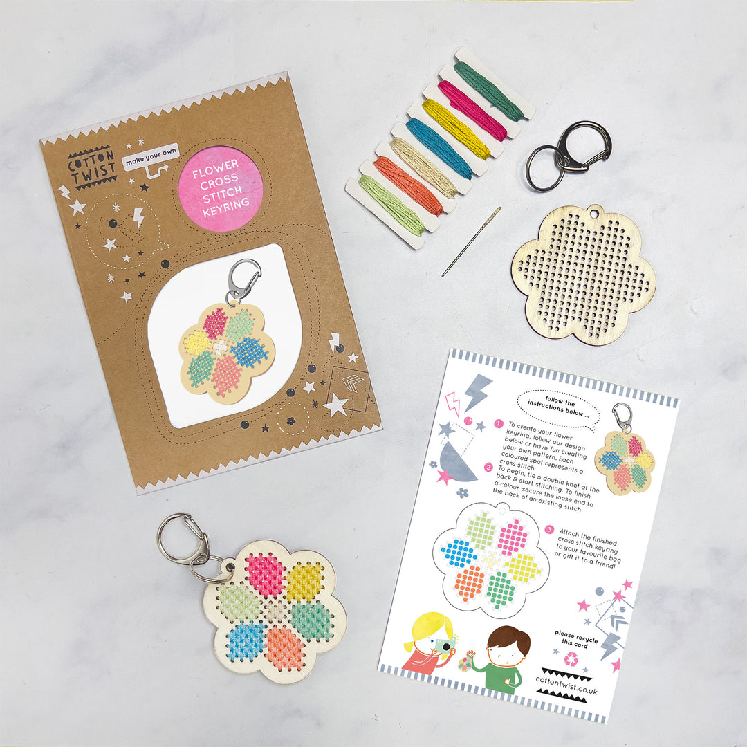 flower cross stitch keyring kit - sustainable craft kit - cotton twist ...