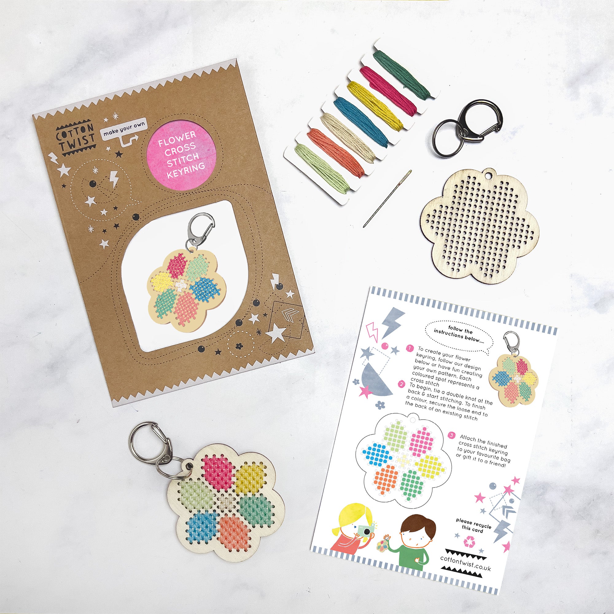 flower cross stitch keyring kit - sustainable craft kit - cotton twist ...