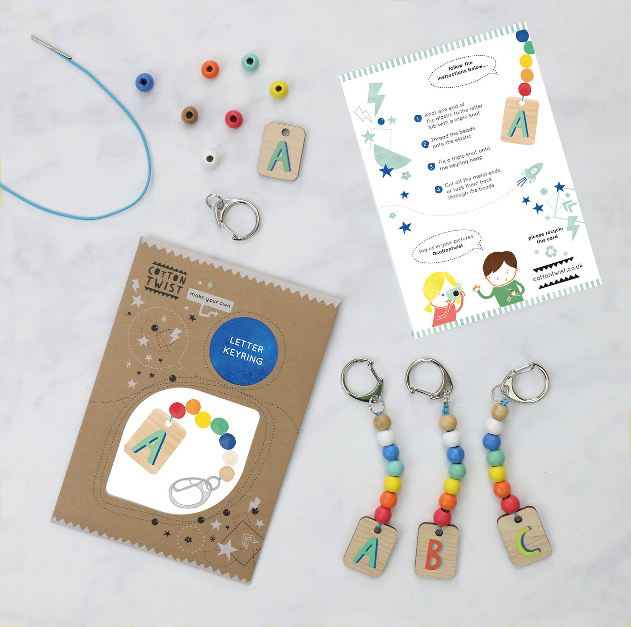make your own letter keyring - sustainable craft kit - cotton twist