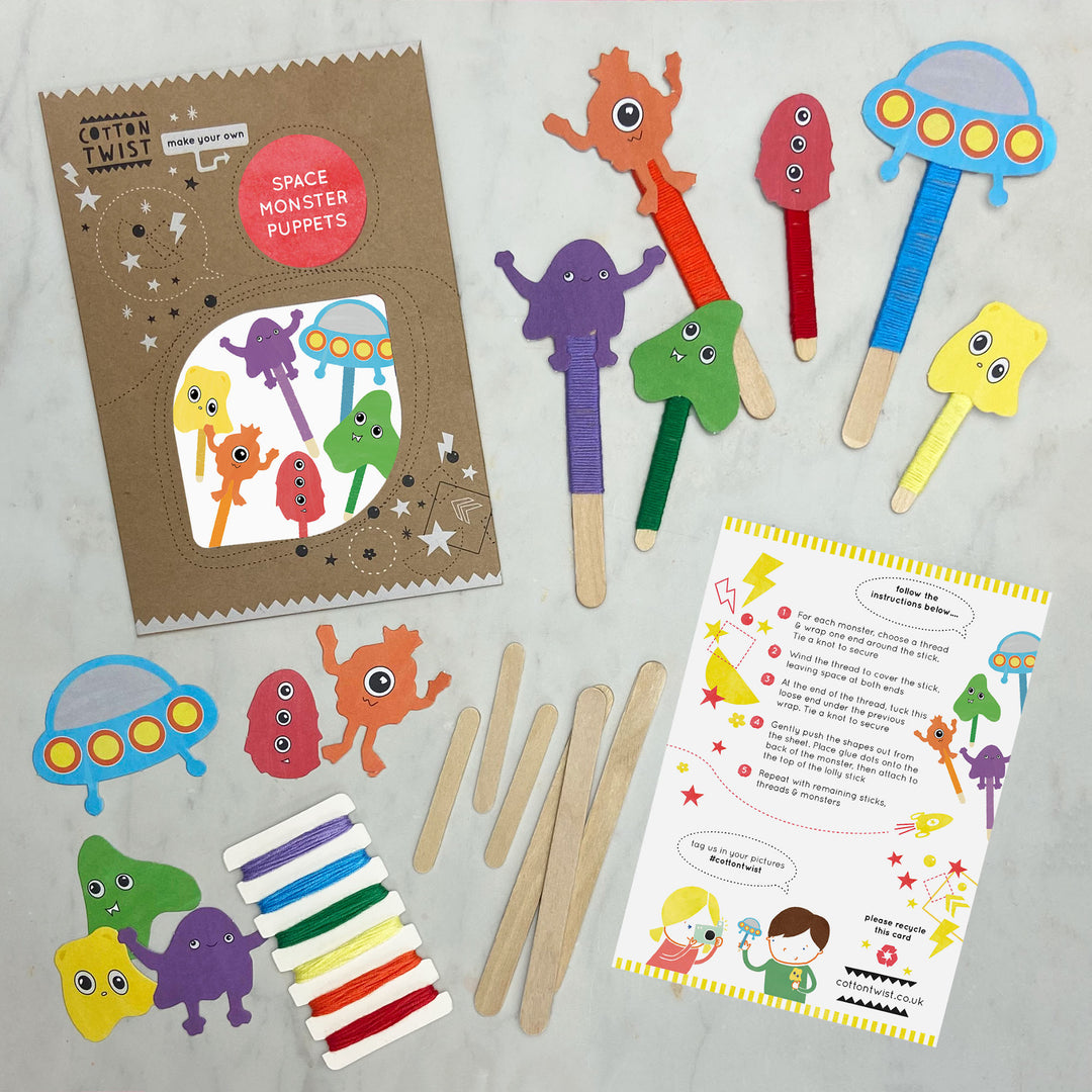 make your own space monster puppets - sustainable craft kit - cotton ...
